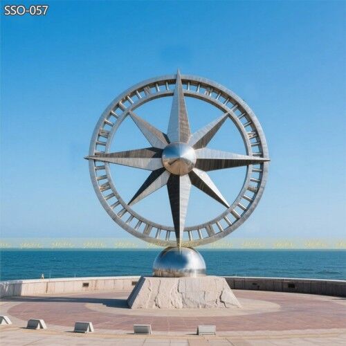 Large Outdoor Stainless Steel Nautical Compass Sculpture